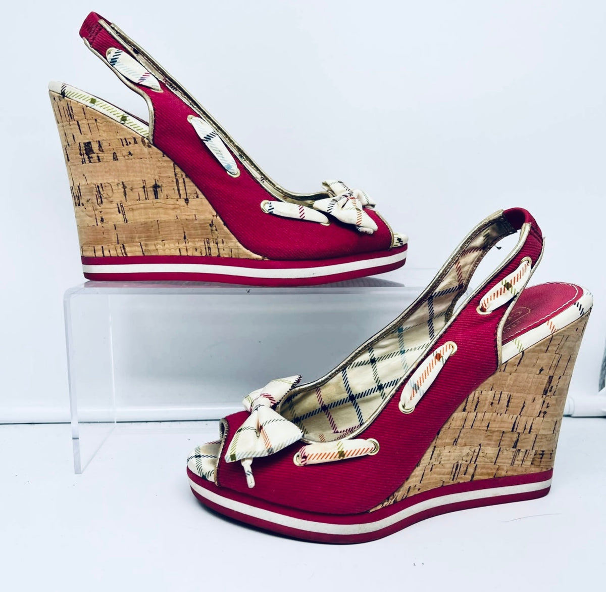 COACH Wedge Sandals Twirling Twill Magenta Plaid Wedge Cork Heel Pink ...