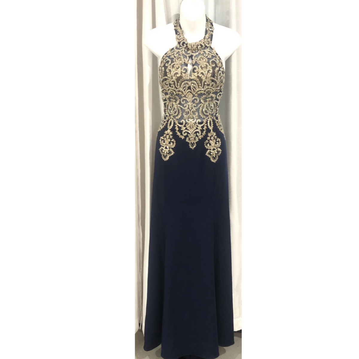 ENVIOUS COUTURE Navy & Gold Sheer Halter Long Dress Size 12 – Style ...
